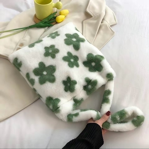 Bags | Green Flower Fluffy Furry Tote Bag | Poshmark